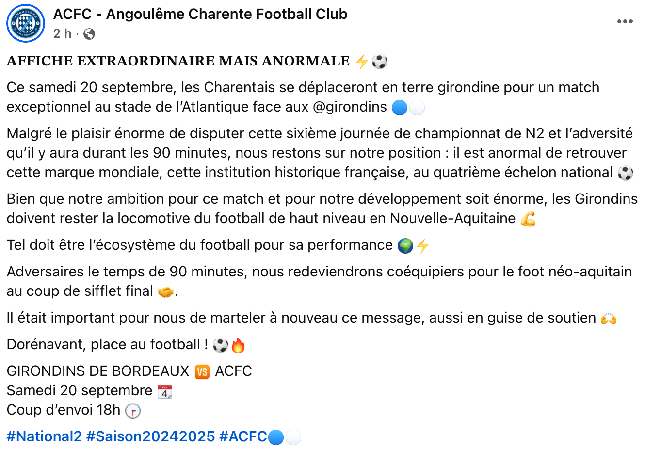 N2 : Le message fort d'Angoulême Charente FC avant de défier les Girondins de Bordeaux - actu ...